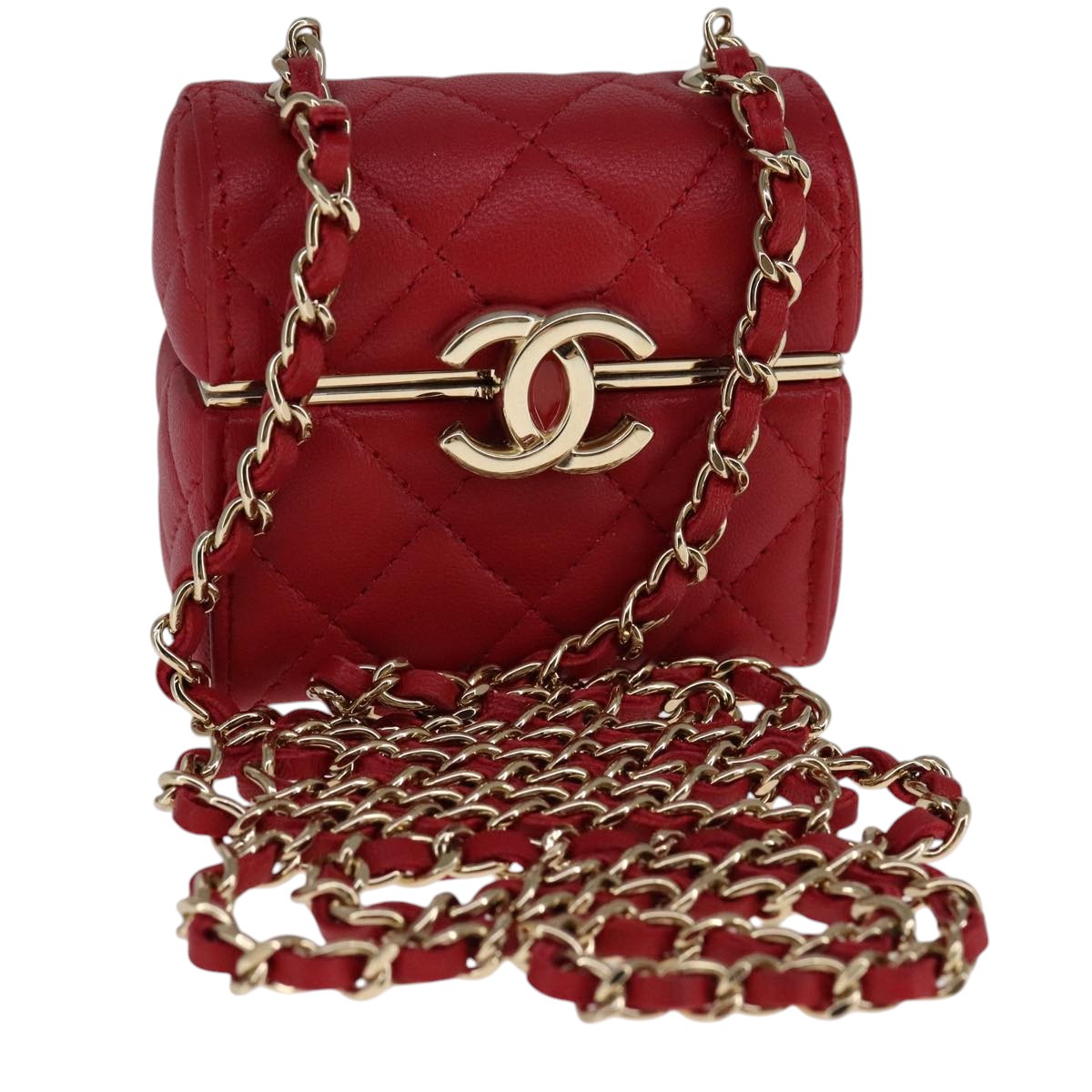 CHANEL Small Box Matelasse Chain Pouch Lamb Skin Red CC Auth 108916AV ...